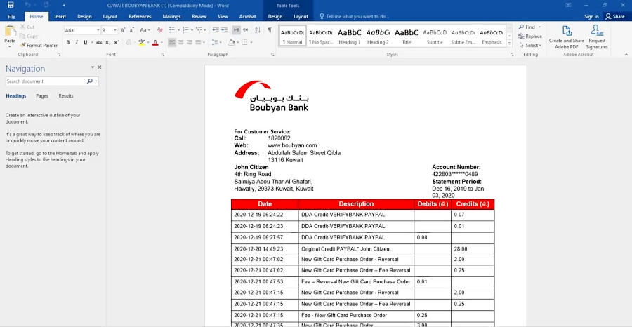 KUWAIT BOUBYAN BANK PROOF OF ADDRESS STATEMENT TEMPLATE IN WORD AND PDF