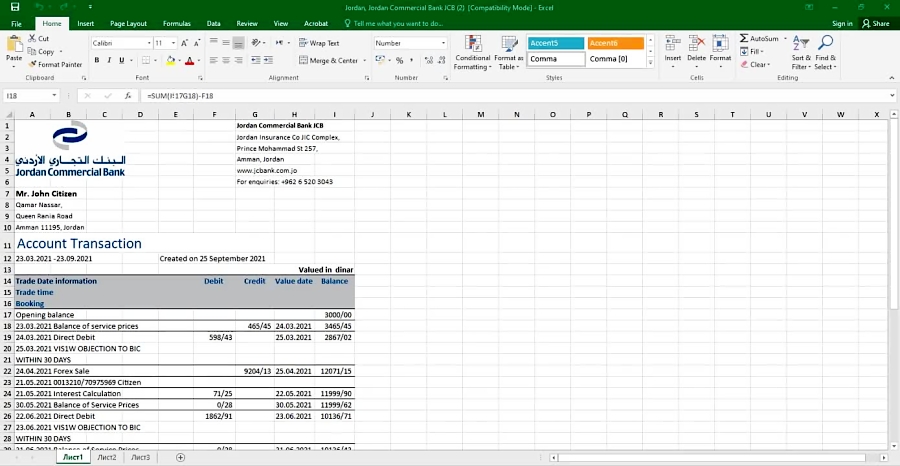 JORDAN COMMERCIAL BANK JCB BANK STATEMENT EASY TO FILL TEMPLATE IN .XLS ...