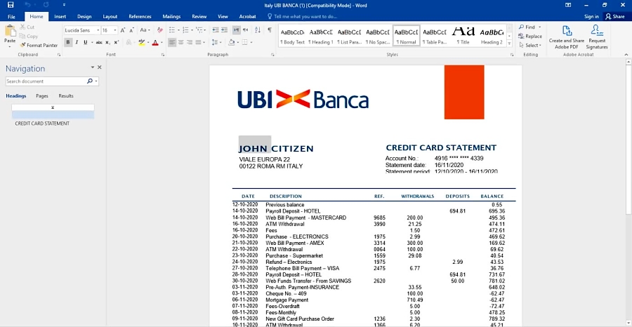 ITALY UBI BANCA BANK STATEMENT TEMPLATE IN WORD AND PDF FORMAT, FULLY ...