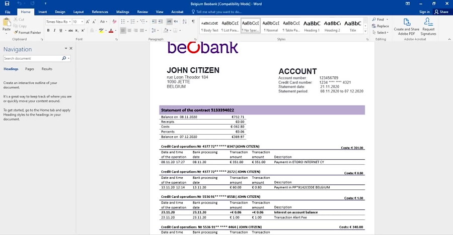 BELGIUM BEOBANK STATEMENT TEMPLATE IN WORD AND PDF FORMAT