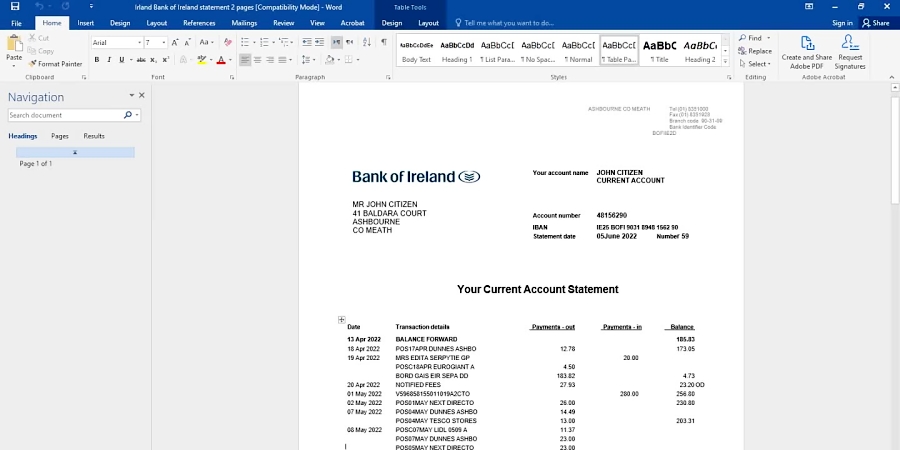 IRELAND BANK OF IRELAND BANK STATEMENT, WORD AND PDF TEMPLATE, 2 PAGES