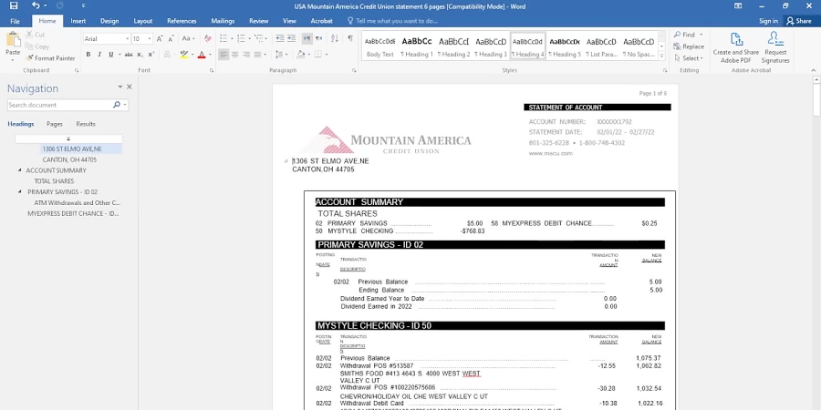 USA MOUNTAIN AMERICA CREDIT UNION BANK STATEMENT