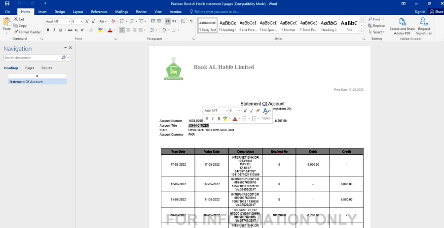 PAKISTAN BANK AL HABIB BANK STATEMENT, WORD AND PDF TEMPLATE, 2 PAGES