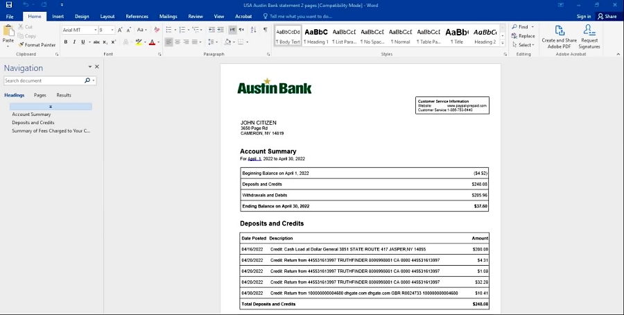 USA AUSTIN BANK STATEMENT, WORD AND PDF TEMPLATE, 2 PAGES