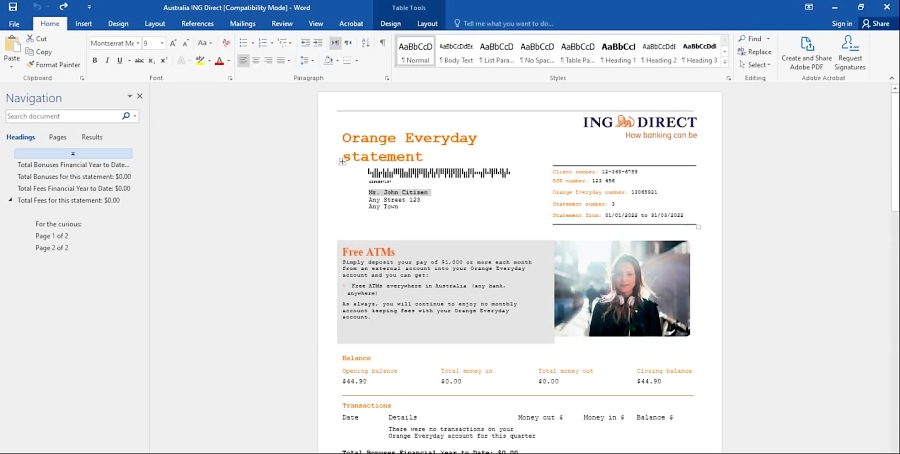 AUSTRALIA ING DIRECT BANK STATEMENT, WORD AND PDF TEMPLATE, 2 PAGES