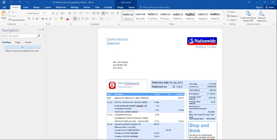 UNITED KINGDOM NATIONWIDE BANK STATEMENT, WORD AND PDF TEMPLATE, 5 PAGES