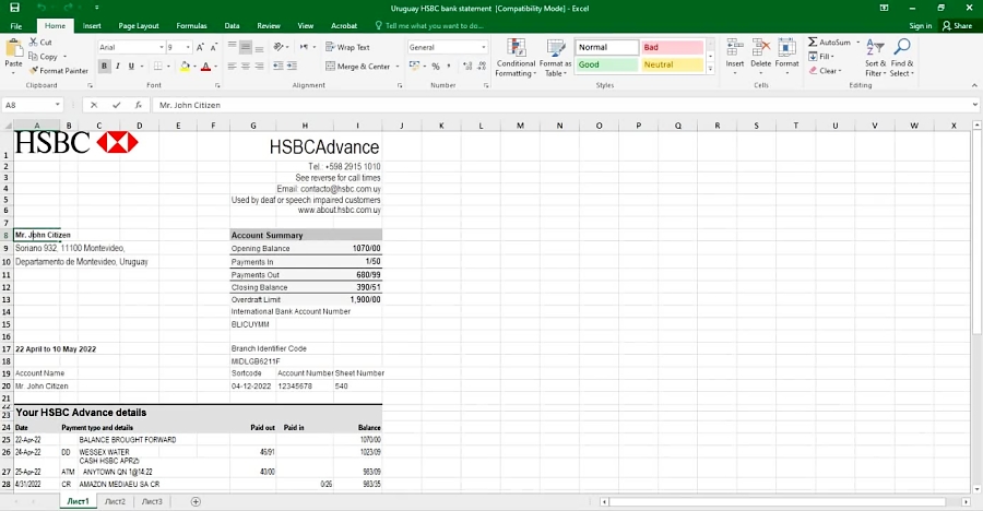 URUGUAY HSBC BANK STATEMENT, EXCEL AND PDF TEMPLATE