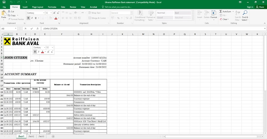 UKRAINE RAIFFEISEN BANK STATEMENT, EXCEL AND PDF TEMPLATE