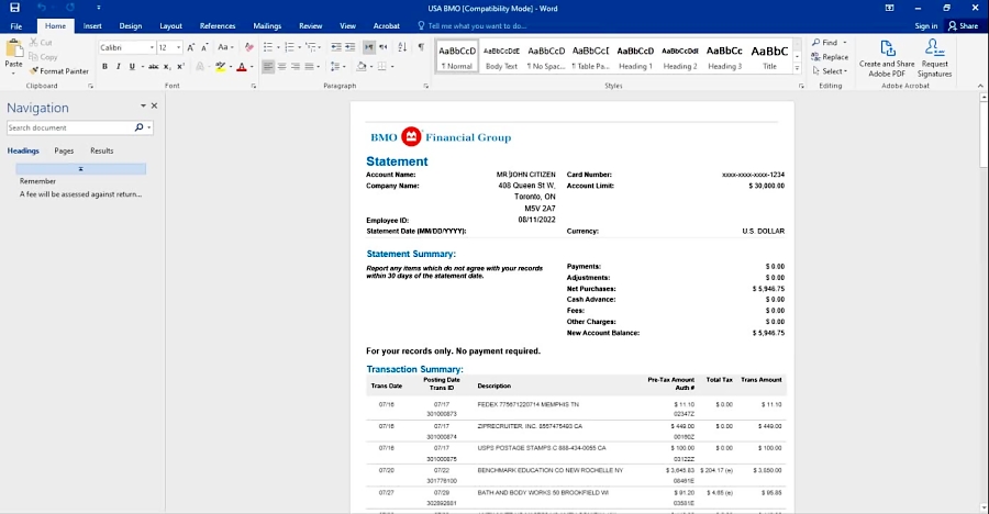 USA BMO BANK STATEMENT, WORD AND PDF TEMPLATE, 4 PAGES