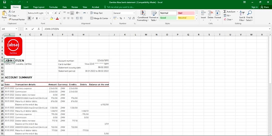 ZAMBIA ABSA BANK STATEMENT, EXCEL AND PDF TEMPLATE