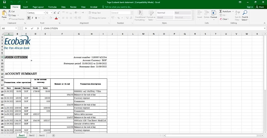 TOGO ECOBANK BANK STATEMENT, EXCEL AND PDF TEMPLATE