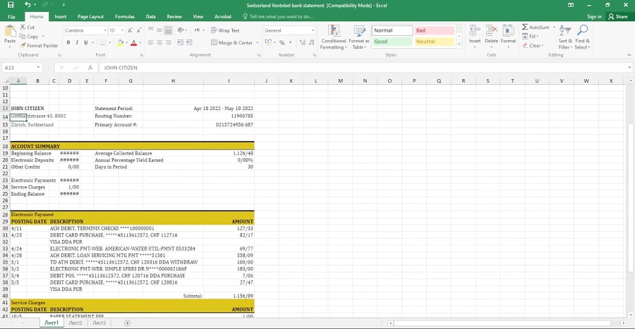 SWITZERLAND VONTOBEL BANK STATEMENT, EXCEL AND PDF TEMPLATE