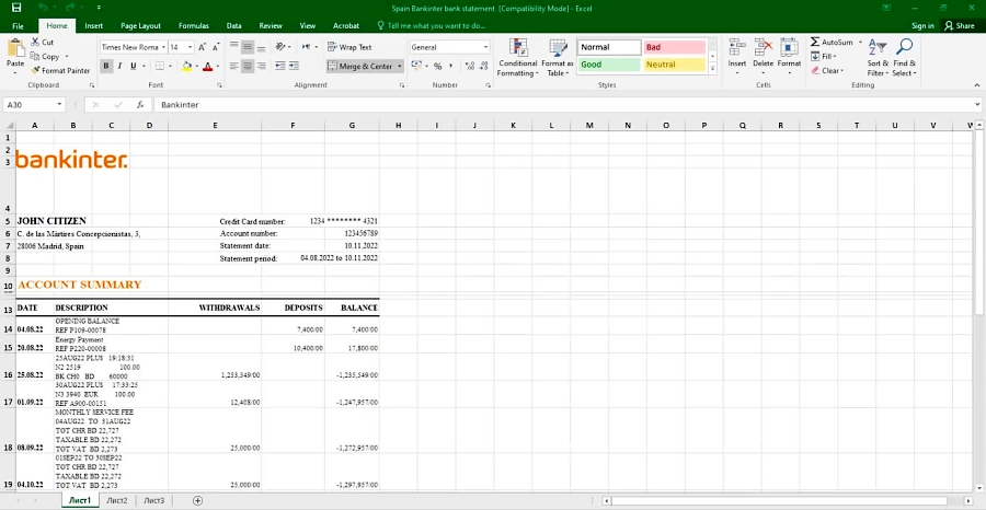 SPAIN BANKINTER BANK STATEMENT, EXCEL AND PDF TEMPLATE
