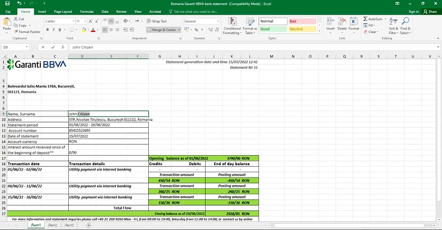 ROMANIA GARANTI BBVA BANK STATEMENT, EXCEL AND PDF TEMPLATE