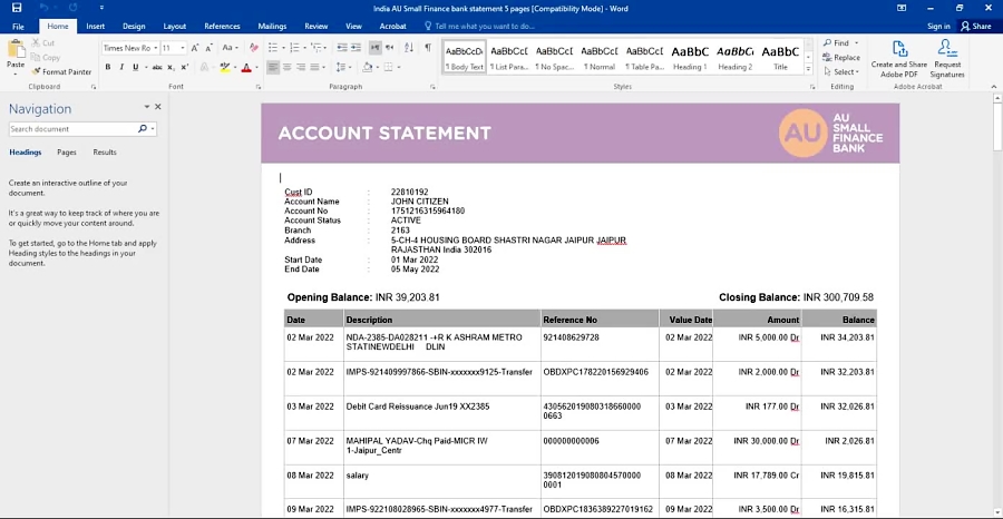 INDIA AU SMALL FINANCE BANK STATEMENT, WORD AND PDF TEMPLATE, 5 PAGES