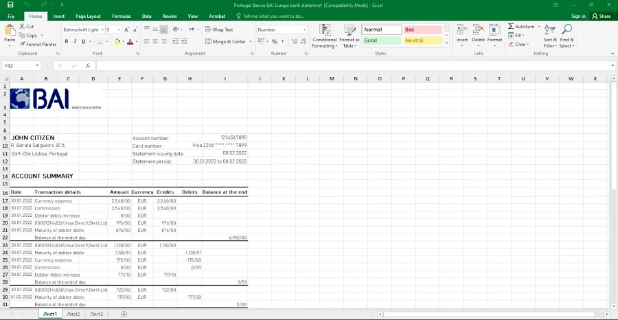 PORTUGAL BANCO BAI EUROPA BANK STATEMENT EXCEL AND PDF TEMPLATE