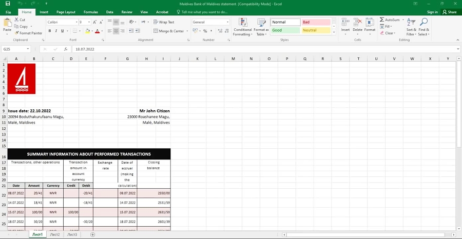 MALDIVES BANK OF MALDIVES BANK STATEMENT EXCEL AND PDF TEMPLATE