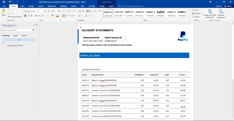 USA PAYPAL ACCOUNT STATEMENT WORD AND PDF TEMPLATE