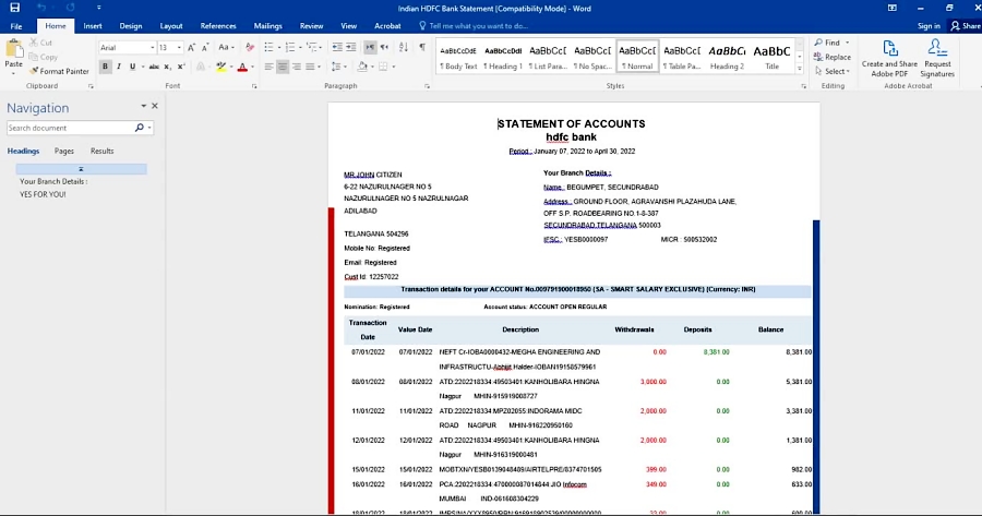 INDIA HDFC BANK STATEMENT WORD AND PDF TEMPLATE, 5 PAGES