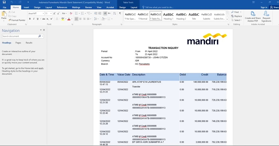 INDONESIA BANK MANDIRI BANK STATEMENT WORD AND PDF TEMPLATE
