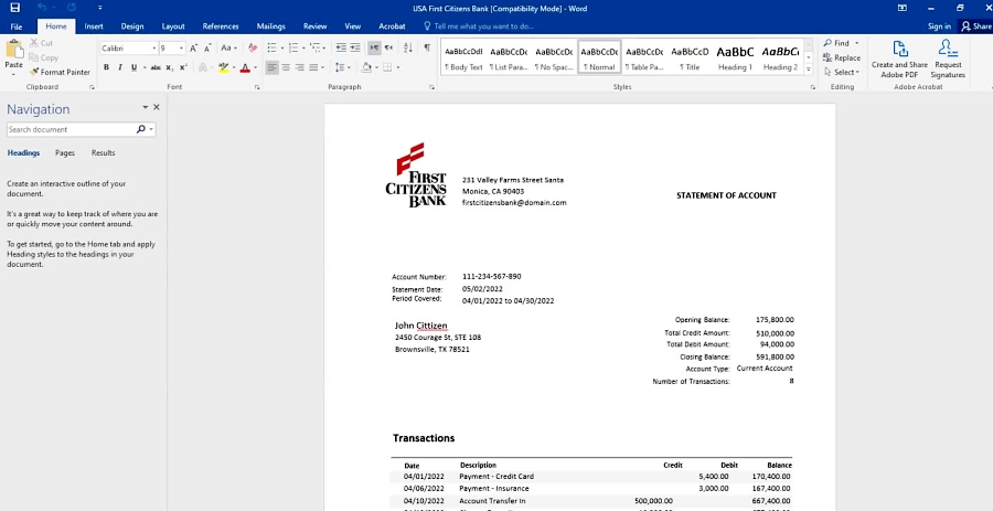 USA TEXAS FIRST CITIZENS BANK STATEMENT WORD AND PDF TEMPLATE