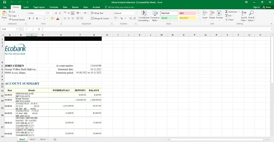 GHANA ECOBANK BANK STATEMENT EXCEL AND PDF TEMPLATE