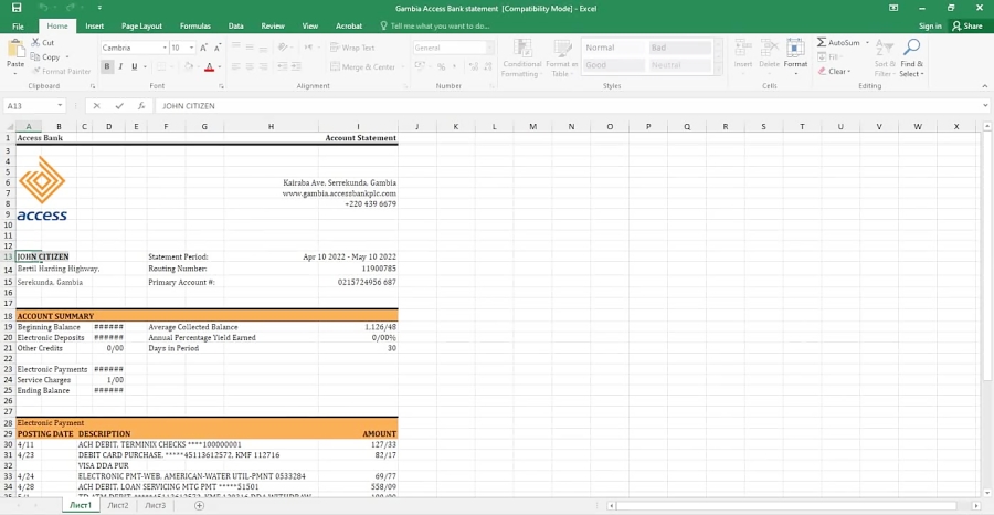 GAMBIA ACCESS BANK STATEMENT EXCEL AND PDF TEMPLATE