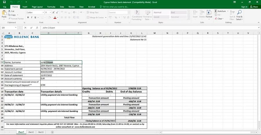 CYPRUS HELLENIC BANK STATEMENT EXCEL AND PDF TEMPLATE