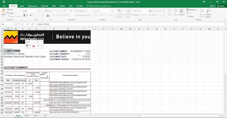 CONGO CREDIT DU CONGO BANK STATEMENT EXCEL AND PDF TEMPLATE (AUTOSUM)