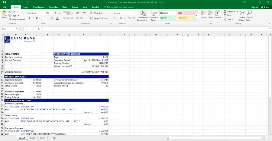 COMOROS EXIM BANK STATEMENT EXCEL AND PDF TEMPLATE, FULLY EDITABLE