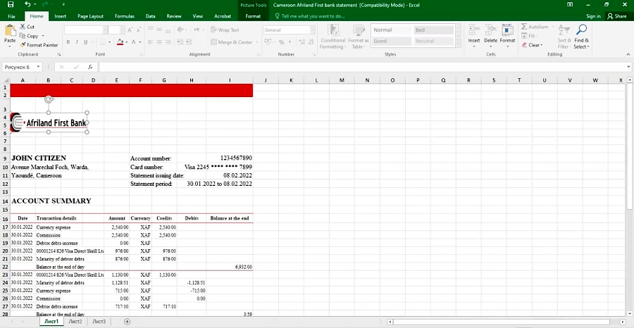 CAMEROON AFRILAND FIRST BANK STATEMENT EXCEL AND PDF TEMPLATE (AUTOSUM)