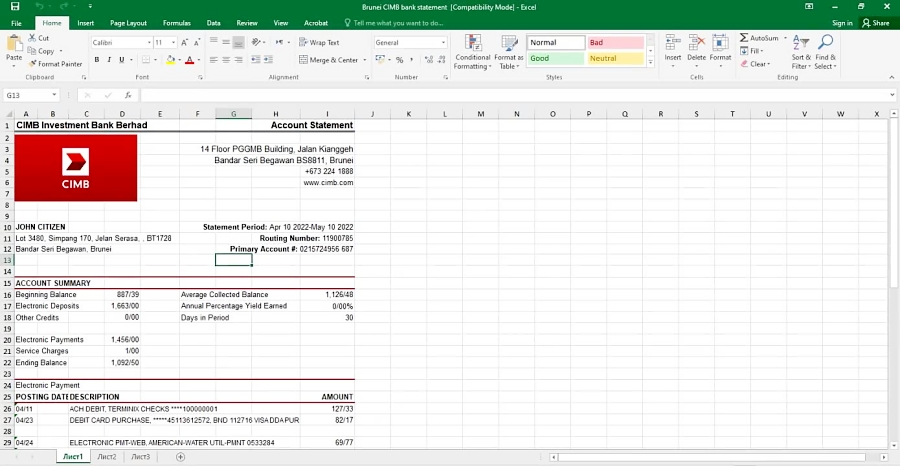 BRUNEI CIMB BANK STATEMENT TEMPLATE IN EXCEL AND PDF FORMAT (AUTOSUM)