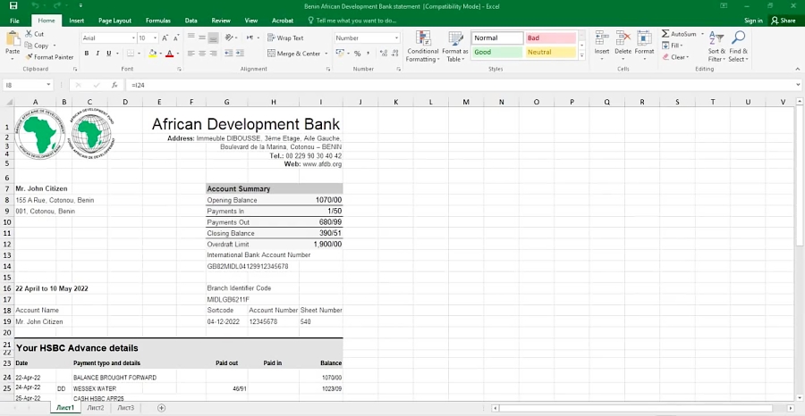 BENIN AFRICAN DEVELOPMENT BANK STATEMENT TEMPLATE IN EXCEL AND PDF FORMAT