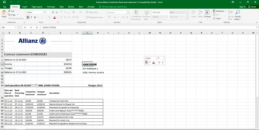 AUSTRIA ALLIANZ INVESTMENT BANK STATEMENT TEMPLATE IN EXCEL AND PDF FORMAT