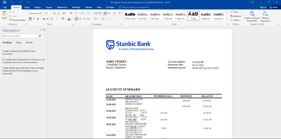 ZIMBABWE STANBIC BANK STATEMENT TEMPLATE IN WORD AND PDF FORMAT