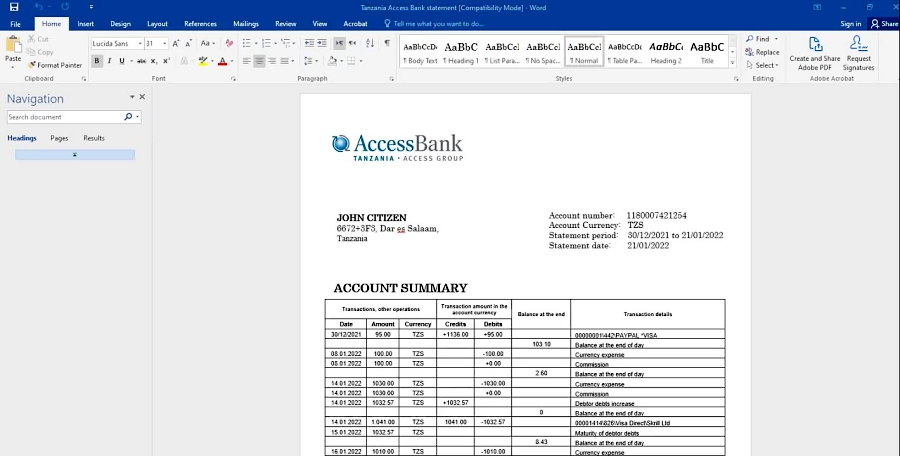 TANZANIA ACCESS BANK STATEMENT TEMPLATE IN WORD AND PDF FORMAT
