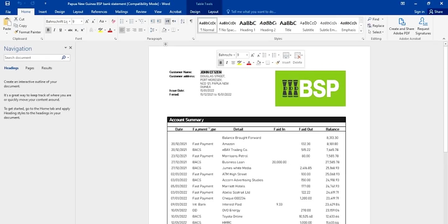 FAKE PAPUA NEW GUINEA BSP BANK STATEMENT TEMPLATE