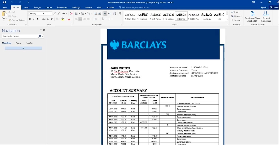 FAKE MONACO BARCLAYS PRIVATE BANK STATEMENT EASY TO FILL TEMPLATE