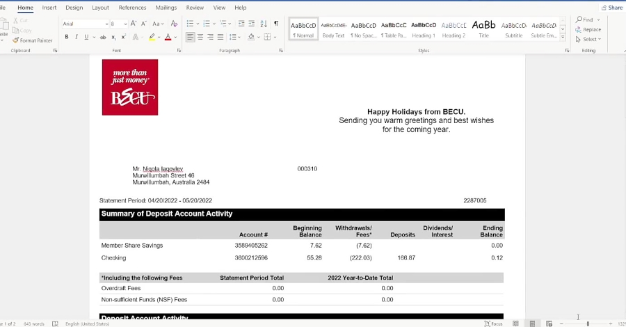 Australia BECU banking statement