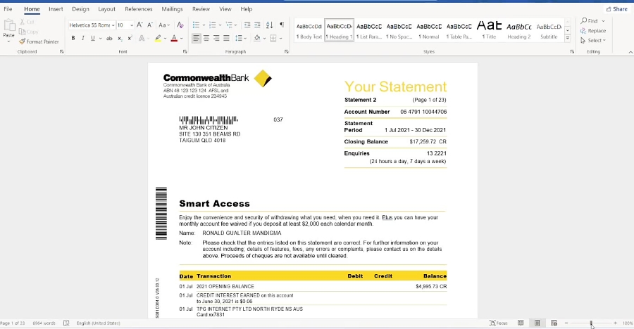Australia Commonwealth banking statement template