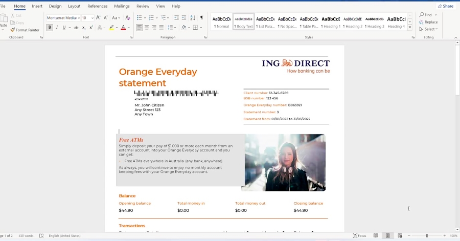 Australia ING Direct banking statement,