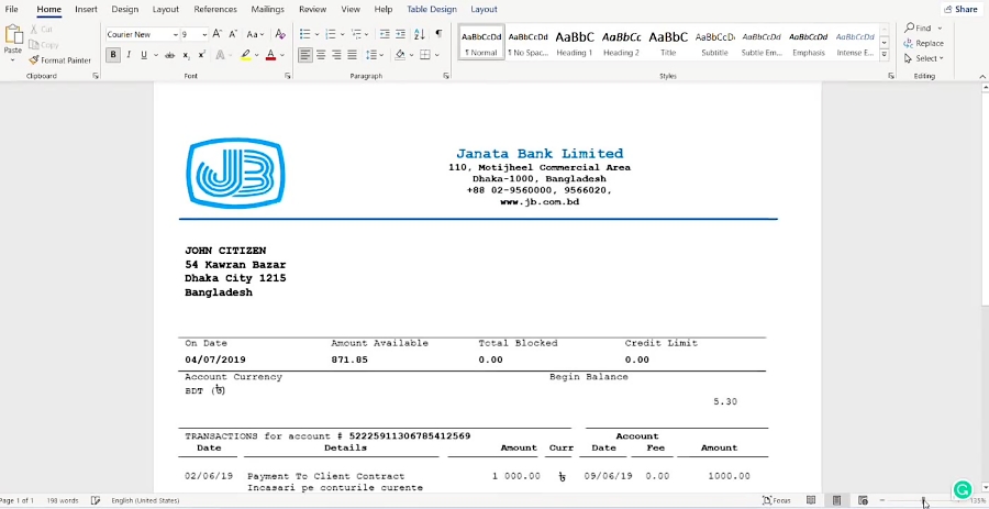 Bangladesh Janata banking statement easy to fill template in Word and ...