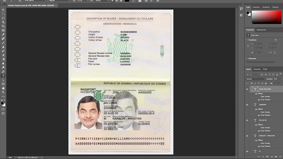Zambia passport template in PSD format, fully editable
