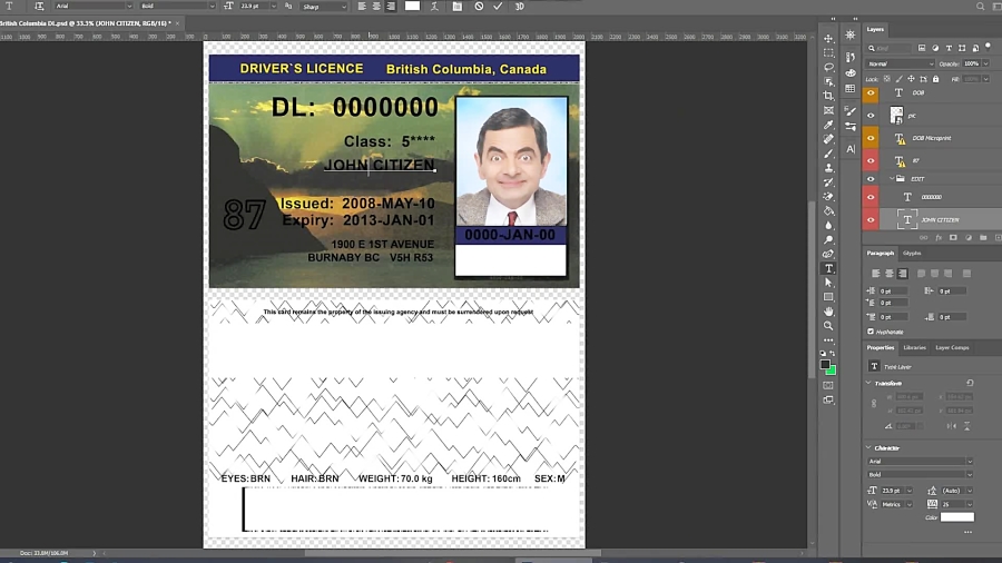 Canada British Columbia driving license template in PSD format, version 2