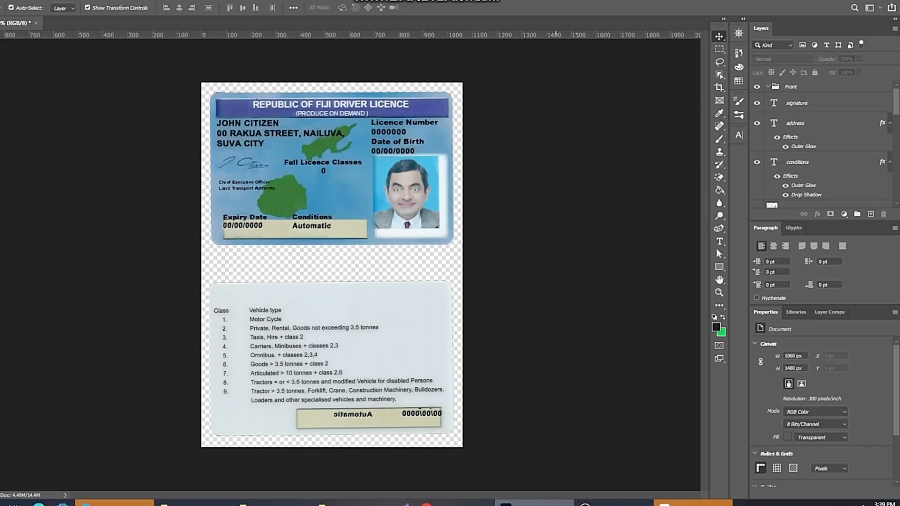 Fiji drivers permit template in PSD format, fully editable