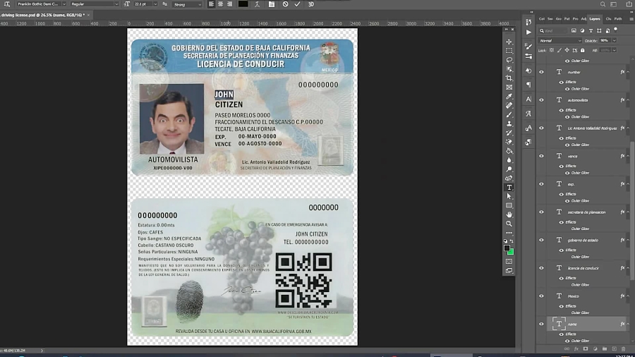 Mexico Baja California driver’s permit PSD template, fully editable