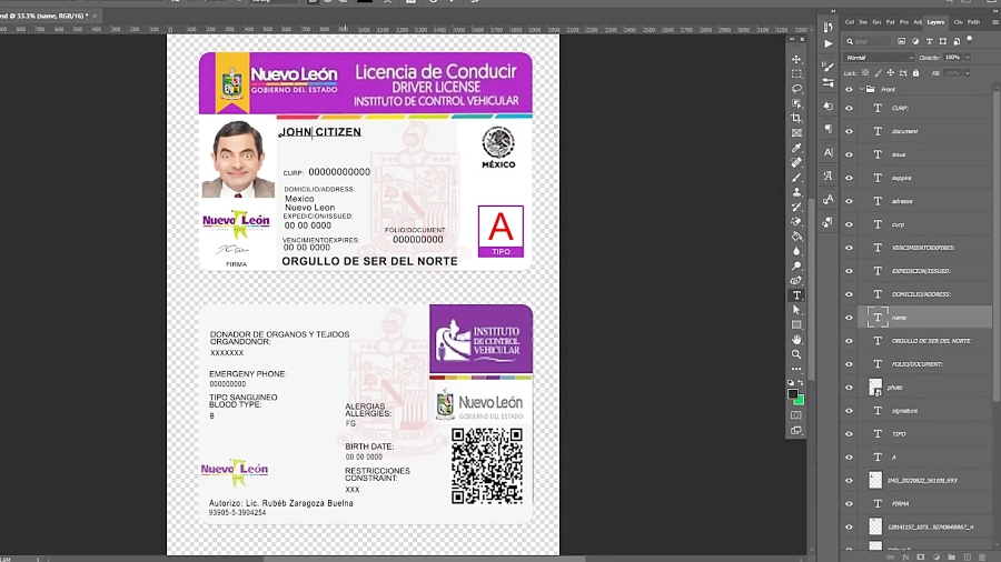 Mexico Nuevo Leon driving license template in PSD format, fully editable