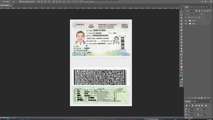 Namibia drivers permit template in PSD format, fully editable, with all ...
