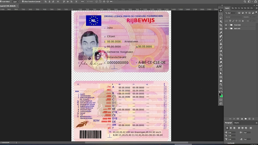 Netherlands drivers permit template in PSD format, fully editable