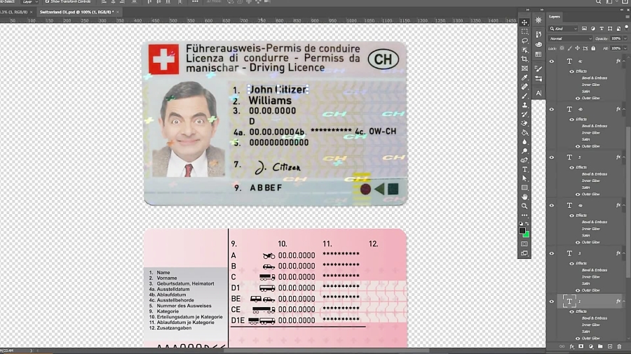 Switzerland drivers permit template in PSD format, fully editable